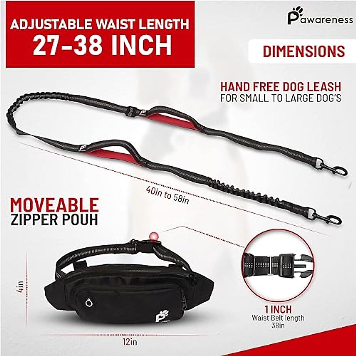 Hands Free Dog Leash for Medium and Large Dogs with Large Zipper Pouch - Adjustable Length 3mm Thick Double Bungee Leash, 2 Padded Handles Heavy Duty Leash (Red, 27-38 inches Waist)