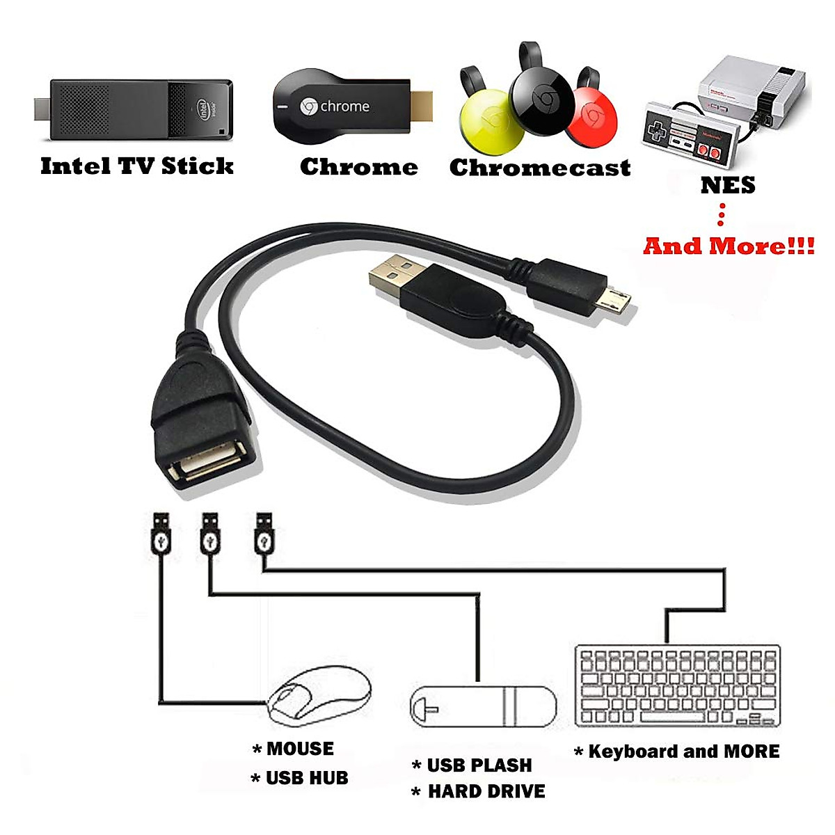 AuviPal 2-in-1 Micro USB to USB OTG Adapter (OTG Cable + TV's USB Power Cable) for Fire Stick, Playstation Classic and More - 2 Pack