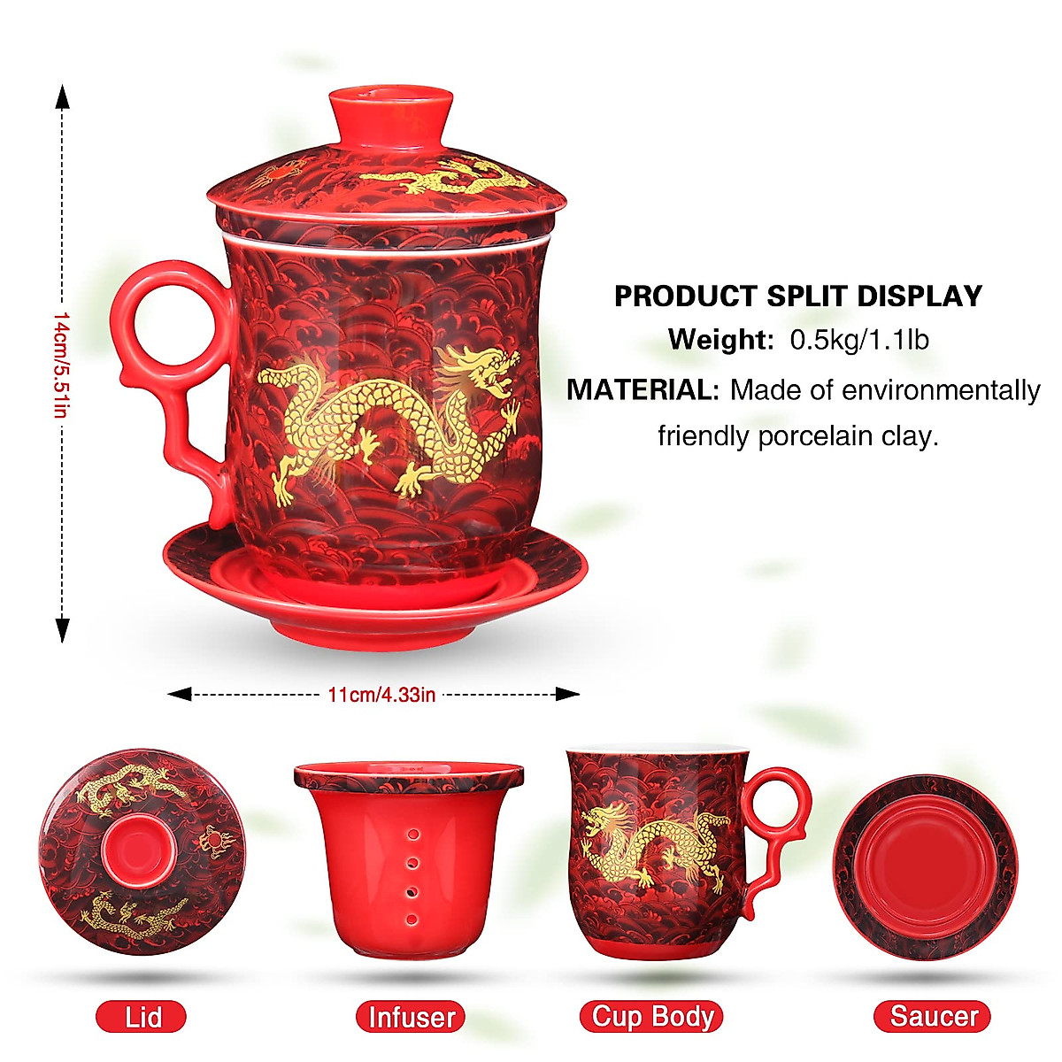 YURROAD 2 Pack - Ceramic Tea Cup with Infuser and Lid Tea Mugs Teaware with Filter and Coaster Porcelain Tea Steeping Mug - 13.5 oz / 400ml