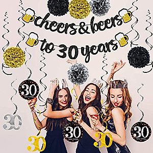 30th Birthday Decorations Kit for Men Women, Cheers to 30 Years Banner with Pom Poms Flowers, 30th Sparkling Hanging Swirl Decorations for 30th Birthday Wedding Party Supplies Decorations