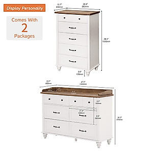 WAMPAT Dresser for Bedroom Set of 2, 1 Dresser for Kids Bedroom with 6 Drawers, 1 Baby Dressers with 5 Wide Chest of Drawers, Modern Wooden Closet Storage Organizer for Living Room, Nursery, Hallway