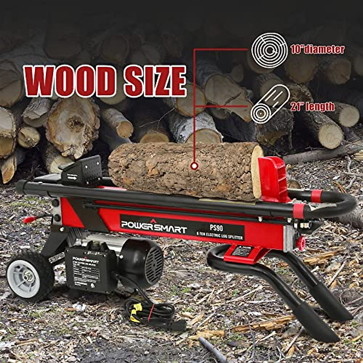 PowerSmart Log Splitter Electric, 6-Ton Hydraulic Log Splitter, 15 Amp Electric Log Splitter, Electric Wood Splitter, Horizontal Full Beam with Steel Wedge for Firewood Splitter Kindling Splitter