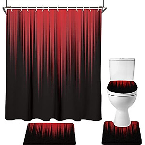 AAtter 4 Piece Red and Black Shower Curtain Mens Dark Grey Gray Boys Oriental 60Wx72L Curtains Decor with Non-Slip Rugs, Toilet Lid Cover and Bath Mat Bathroom Accessories Home Bathtub Set, Modern
