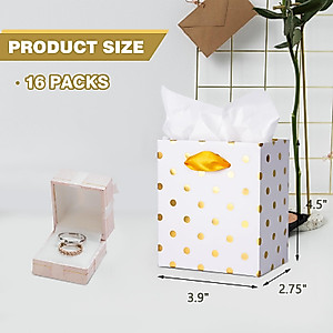 Plauthus 16 Pack Mini Gift Bags with Handles & Tissue Paper, Cute Assorted Pattern Small Gift Bags for Christmas, Holiday, Wedding, Baby Shower, Birthday Party (Gold & White-4.5” x4” x2.75”)