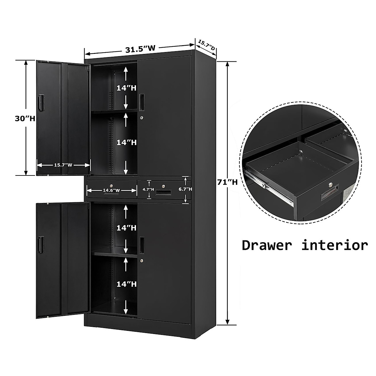 BESFUR Metal Storage Cabinet, Locking Storage Cabinet with Drawers and Adjustable Shelves for Garage, Office, Classroom- Black