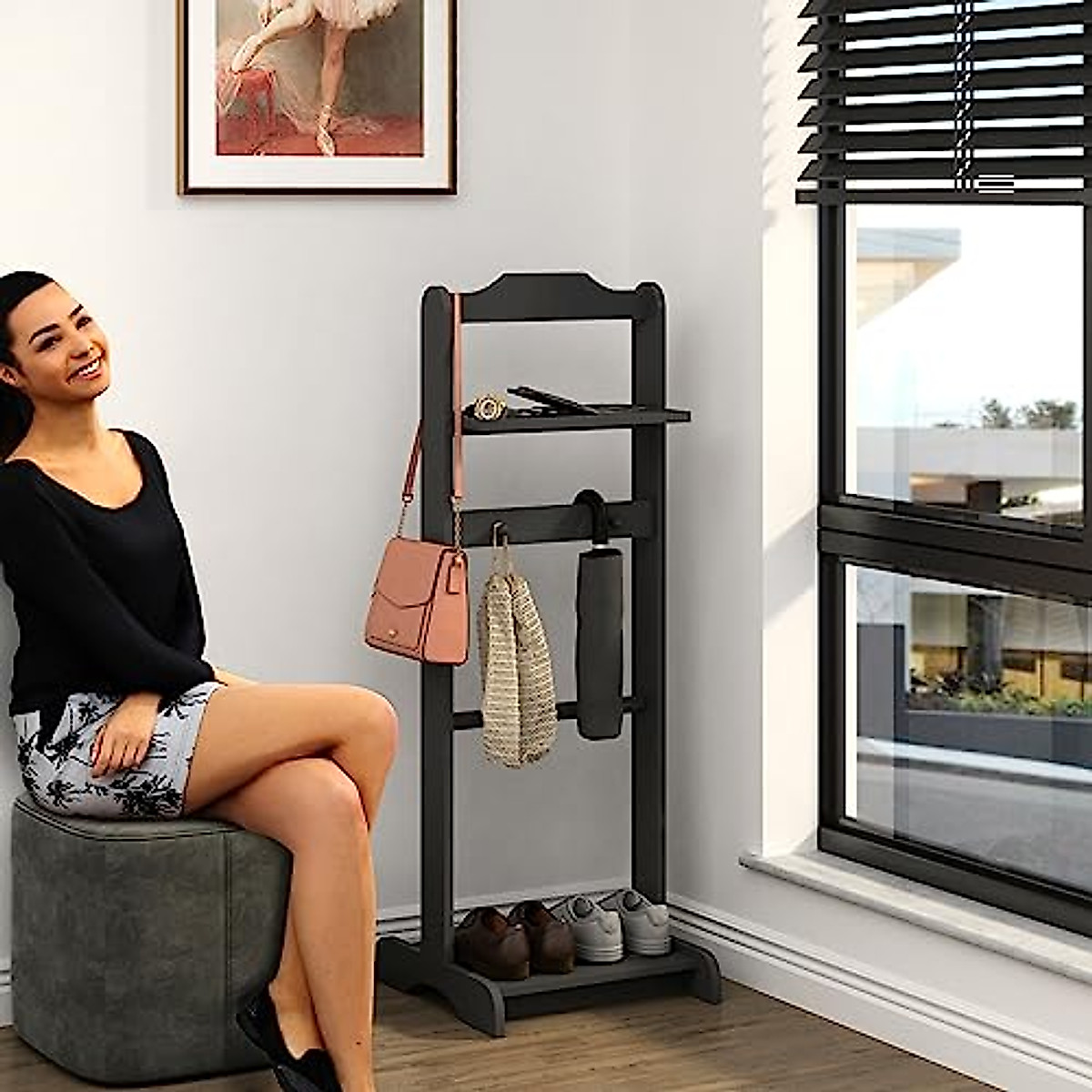 RELAHOGAR Men's Valet Stand, Black Wooden Clothes Stand with Tray, Freestanding Garment Rack Organizer for Enterway Office Bedroom