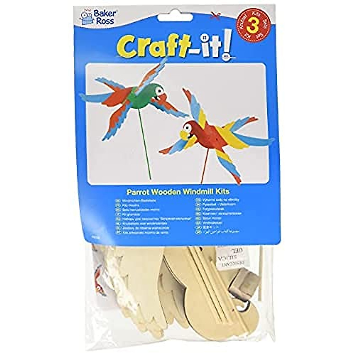 Baker Ross FE128 Parrot Wooden Windmill Kits - Pack of 3, for Kids Arts and Crafts Projects, Wooden Crafts for Children to Decorate, Personalize and Display