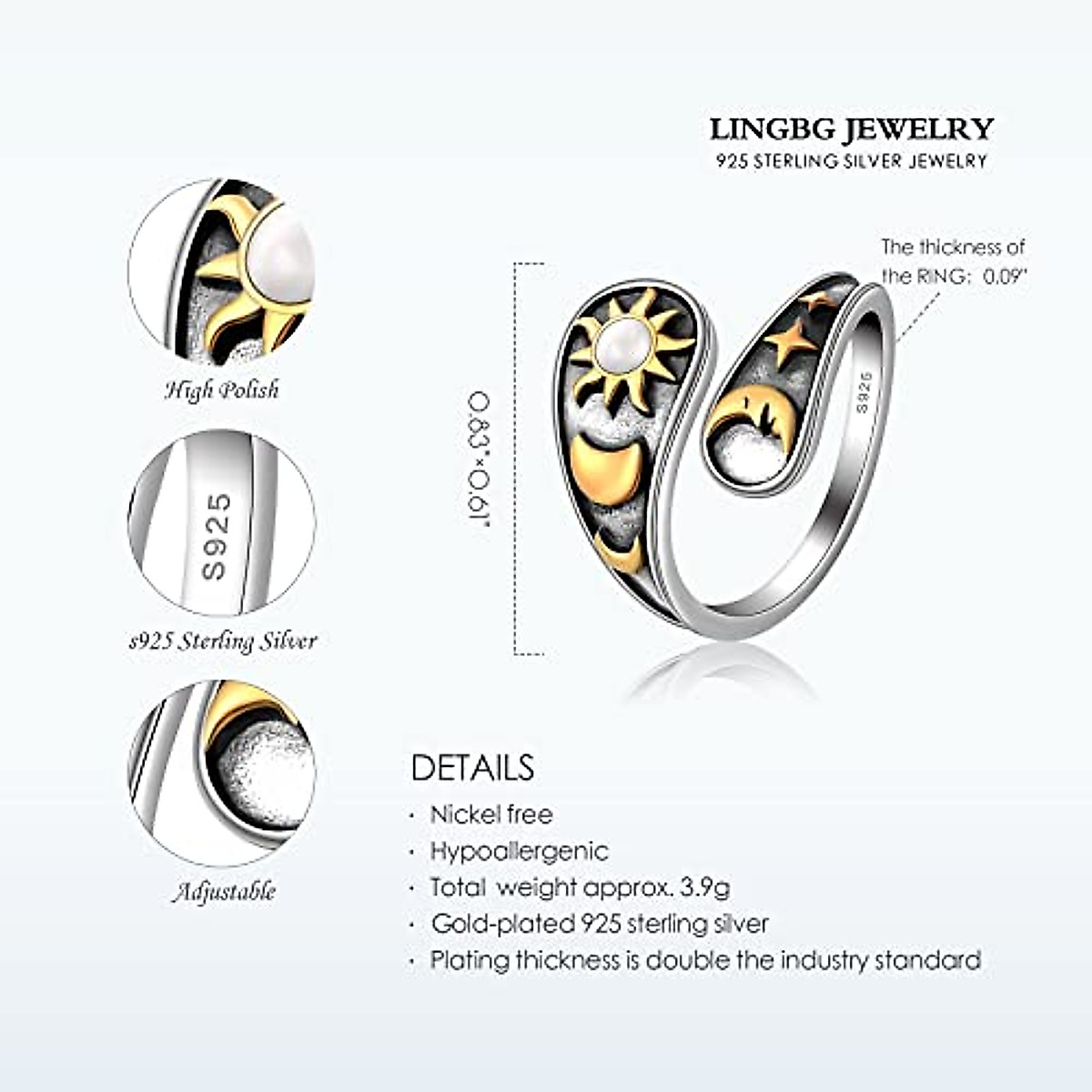 Sun and Moon Star Spoon Rings for Women 925 Sterling Silver Adjustable Thumb Spoon Rings Engagement Statement Boho Vintage Finger Open Spoon Rings Jewelry Gifts