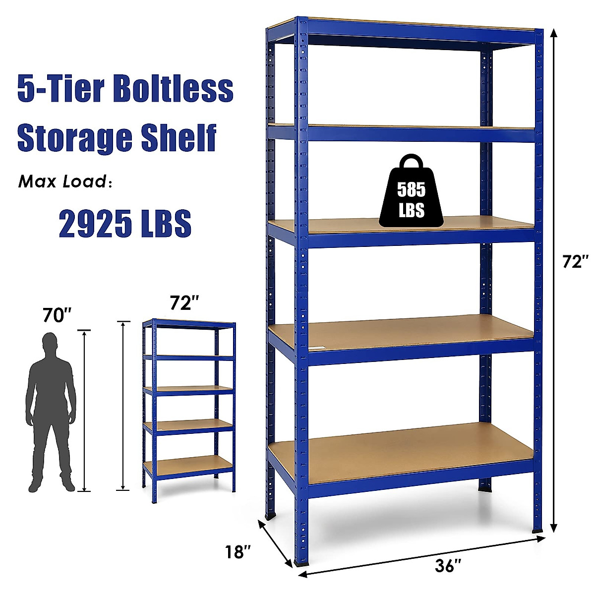 Tangkula 72" Storage Shelves, Heavy Duty Steel Frame 5-Tier Garage Shelf, Metal Multi-Use Storage Shelving Unit for Home/Office/Dormitory/Garage (1, Navy Blue)