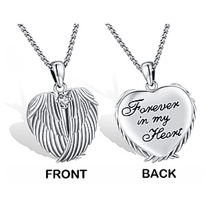 Picture Locket Necklace for Women Men 925 Sterling Silver Pendant Angel Wings Heart Locket Necklace that Holds Pictures Crystal Jewelry Memorial Necklace with Picture Personalized Photo Gifts for Her