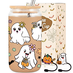 80UncleKimby Halloween Cups Gifts 18oz Glass Cup with Lid Straw and Caps Spooky Ghost Iced Coffee Mug for Women Teen(Colored)