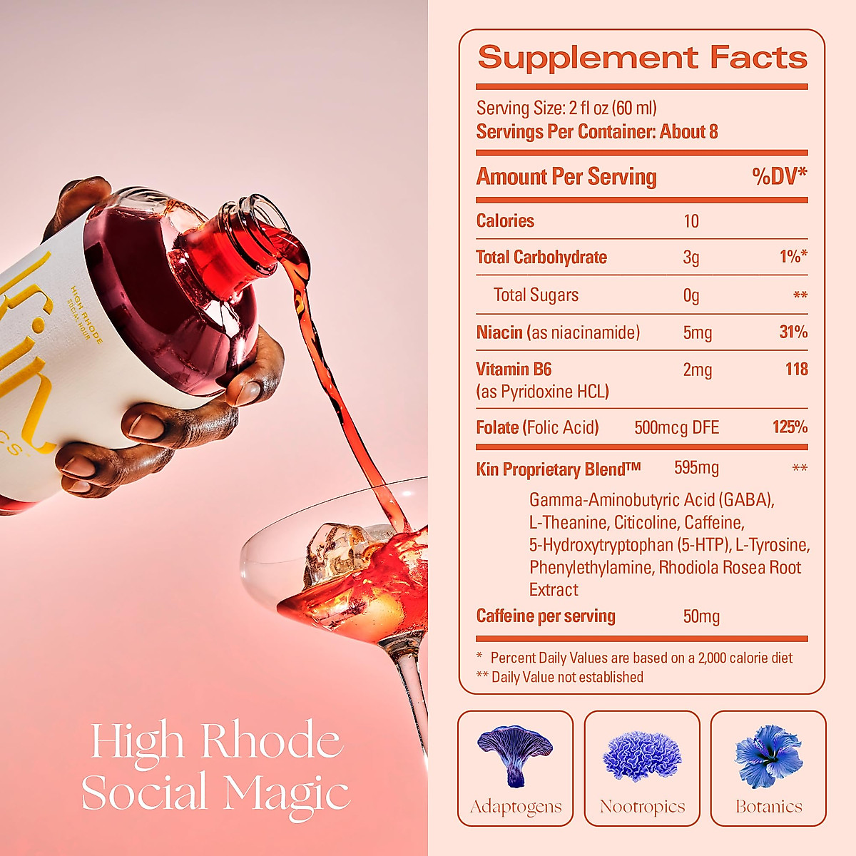 Kin Euphorics High Rhode Non-Alcoholic Aperitif | Elevate Your Social Hour | Adaptogens, Nootropics & Botanicals | Rhodiola Rosea, 5-HTP, GABA | Citrus, Bitters & Spices | 16.9 fl oz