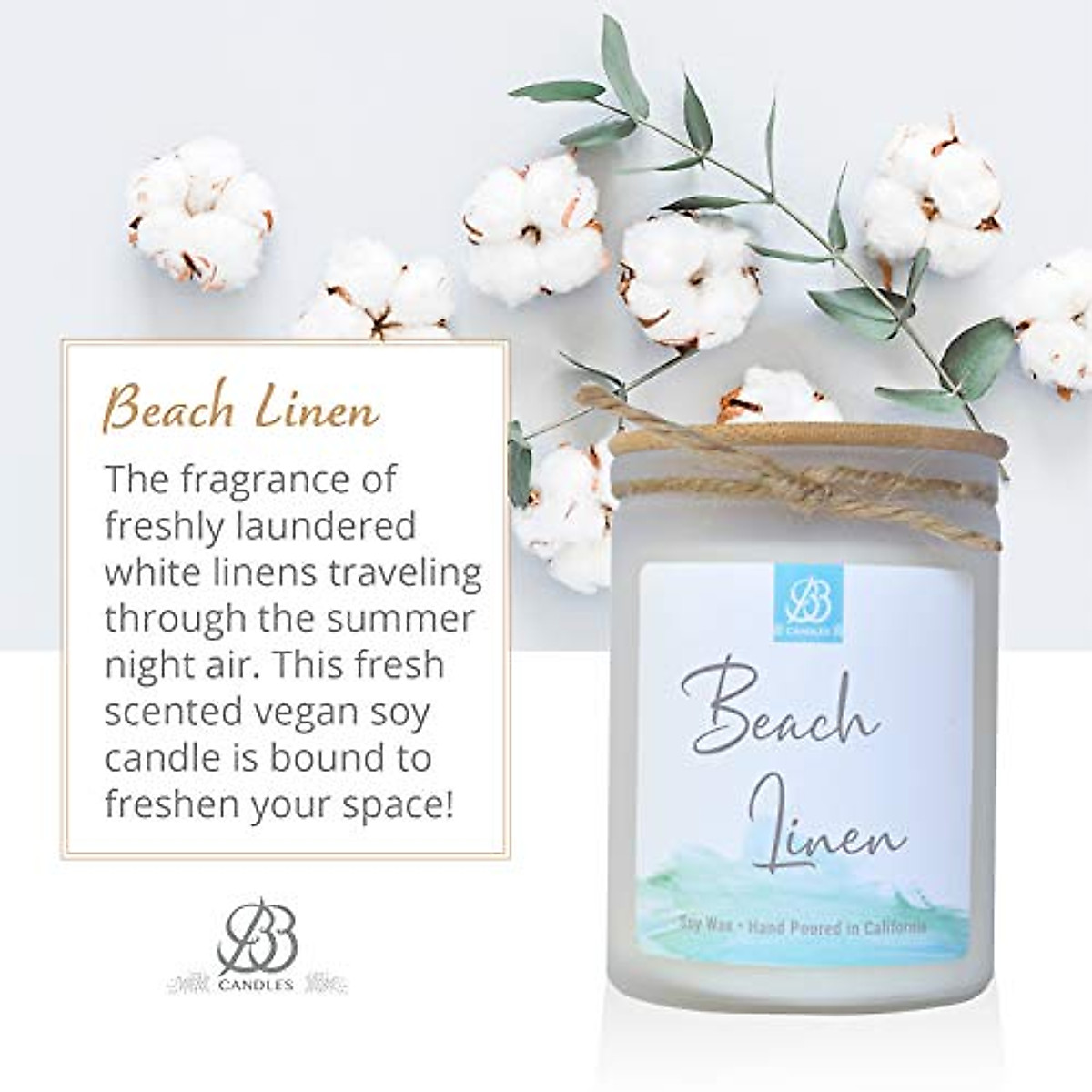 BB Candles Coastal Essentials Natural Soy Hand Poured Candle, Beach Linen Scent, Fragrant Coastal Candle with Strong Scents, Artisan Candle, 12oz, 90+ Hours Burn Time