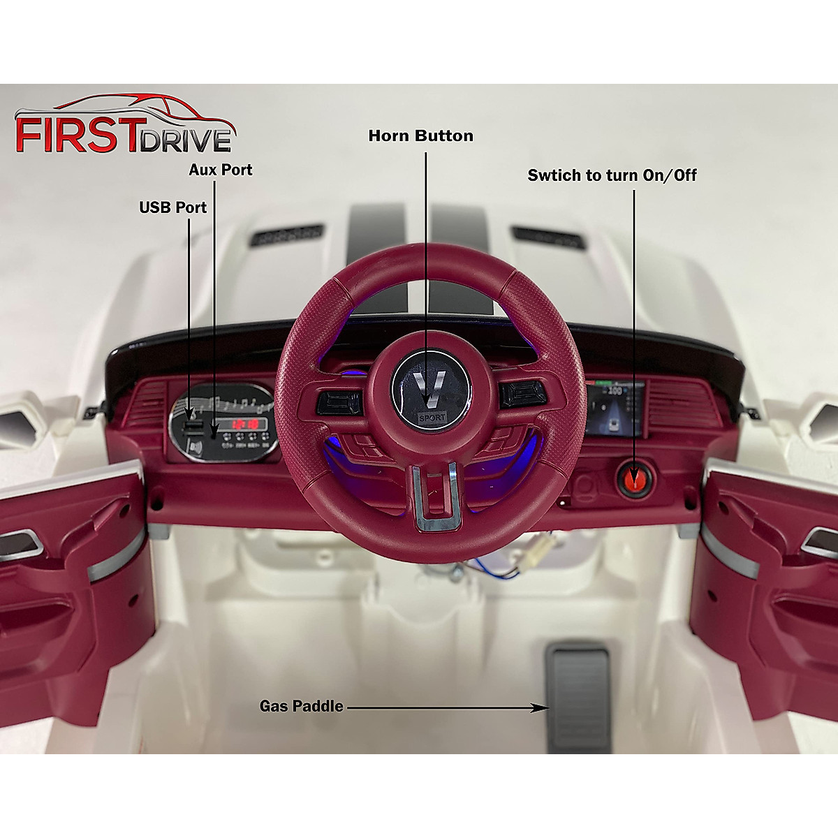 First Drive Mustang - Ride on Car - Electric Car for Kids - Kids Car with Parent Remote, MP3 Music Playback, AUX Port, Spring Suspension, LED Lights, Rear Wheel Drive, for Boys/Girls (White)