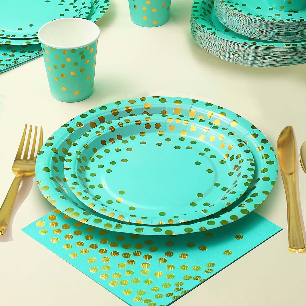 Gudvilla 168PCS Teal Party Plates and Cups and Napkins sets,Teal Paper Plates Bulk with Gold Cutlery Serve 24 Guests,Teal Party Supplies Bridal Shower Birthday for Teal and Gold Wedding Decorations