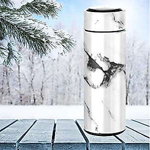 CaTaKu White Marble Vintage Water Bottle Insulated 16 oz Stainless Steel Flask Thermos Bottle for Coffee Water Drink Reusable Wide Mouth Vacuum Travel Mug