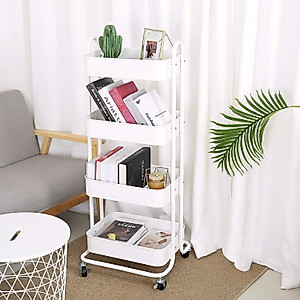 4-Tier Metal Mesh Utility Rolling Cart Storage Organizer Shelf Rack with Lockable Wheels for Living Room Kitchen Office, White