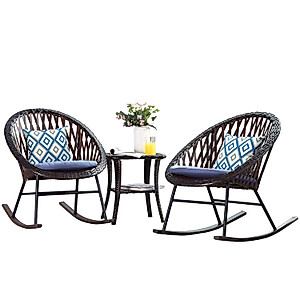 ovios 3 Piece Patio Rocking Bistro Set,Patio Outdoor Furniture, Porch Rocking Chairs Conversation Sets with Glass Coffee Table for Small Space,Deck,Terrace (Blue)