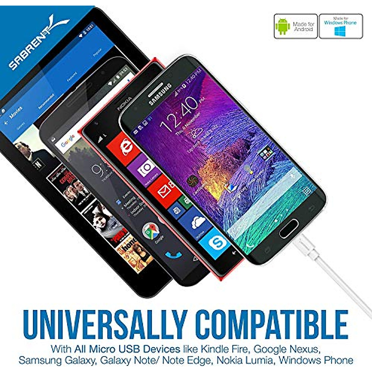 SABRENT [6-Pack 22AWG Premium 3ft Micro USB Cables High Speed USB 2.0 A Male to Micro B Sync and Charge Cables [White] (CB-M63W)