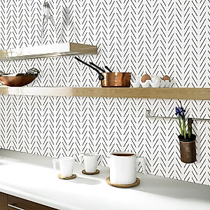 Erfoni Black and White Peel and Stick Wallpaper Modern Herringbone Contact Paper Bathroom 17.7inch x 118.1inch Geometric Removable Wall Paper Peel and Stick Self Adhesive Contact Paper