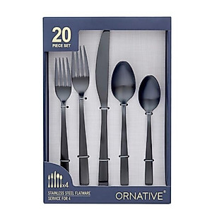 ORNATIVE - Iola Flatware Set with Service for 4, Set Includes Knives, Forks & Spoons for Home, Kitchen & Restaurant, 18/0 Stainless Steel Material & Dishwasher Safe - 20 Pieces, Matte Black