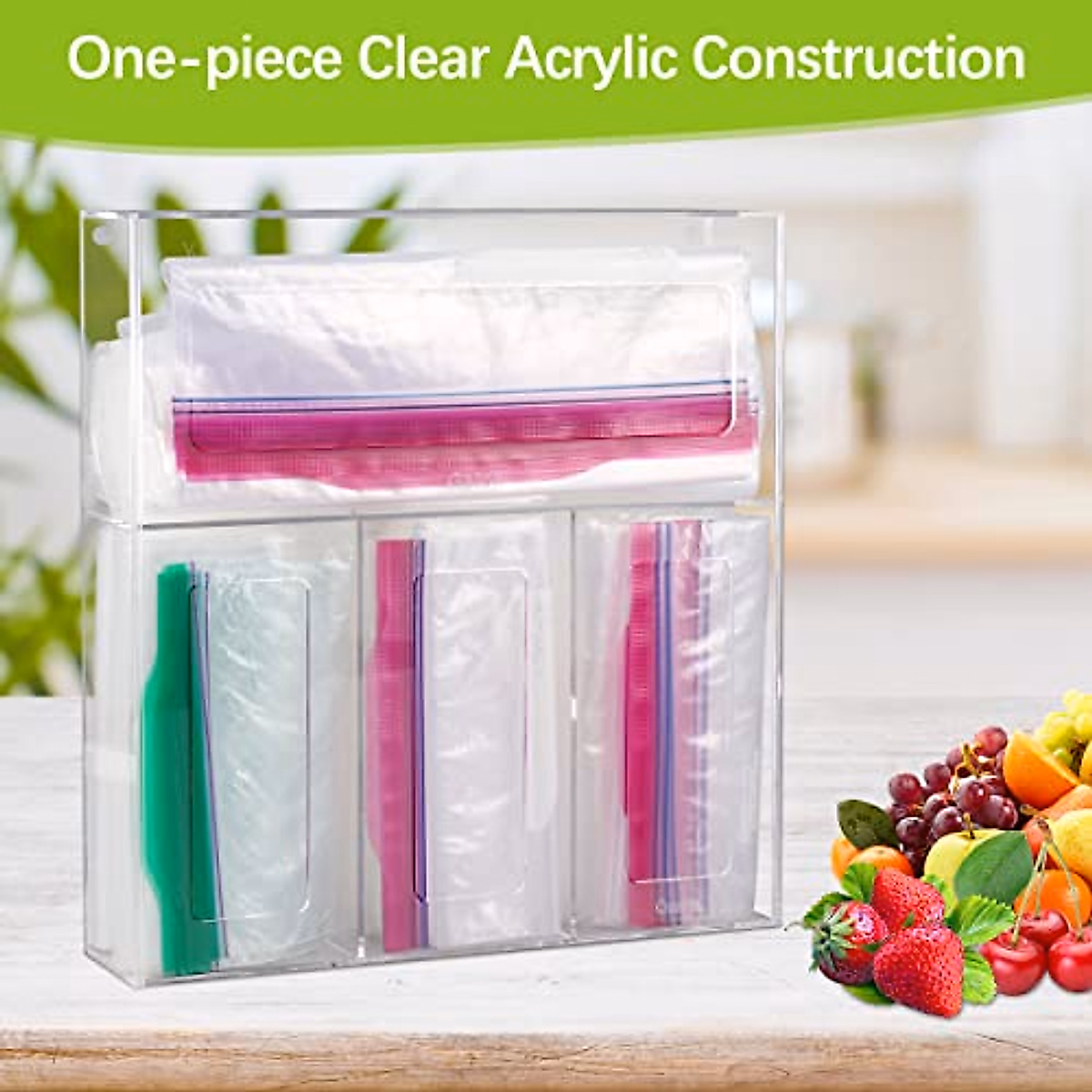 Xverycan Acrylic Ziplock Bag Storage Organizer, Clear Food Baggie Organizer Dispenser for Kitchen Drawer, Gallon, Quart, Sandwich, Snack, Freezer, Slider Bags (Drag to Open)