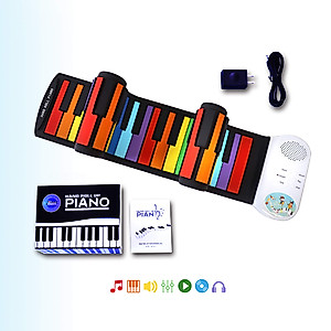 iLearnMusic Roll Up Piano | Portable Keyboard Piano | Hand Roll Electric Piano Keyboard | Premium Silicone & Built-In Speakers (49 Keys, White)