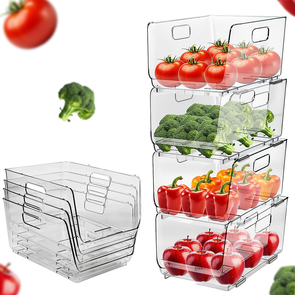TidyFriend Plastic Stackable Bins for Pantry, 4 Pack Stacking Bins Open Front, Toy Organizers, Kitchen, and Bathroom Essentials (Clear- Hole Handle)