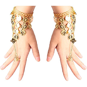 3 Pcs Belly Dance Gold Coins Necklace and Earrings Bracelets Gypsy Jewelry Coin Bracelet Hand Decoration Wrist Bangle Ring Hand Decoration Wrist Bangle Ring with a Stylus(Gold)