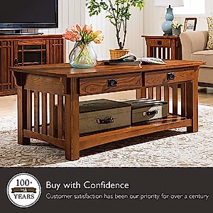 Leick Home 8204 Mission Impeccable Coffee Table for Living Room, Two Drawers and Shelf, Made with Solid Wood, Medium Oak Finish