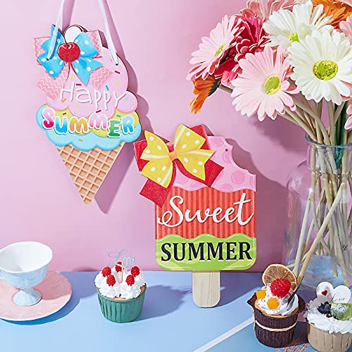 2 Pieces Ice Cream Sandbeach Hanging Sign Happy Summer Wood Sign Sweet Summer Wood Ornaments Summer Welcome Sign Door Wood Hanging Sign for Summer Holiday Party Home Door Wall Window Decor (Ice Cream)