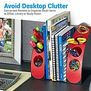 AdirOffice Smart Quarter Bookends & Office Desk Organizer - Heavy Duty Plastic w Non Skid Bottom - Includes Storage Wells to Keep Your Pens/Pencils in Place for Office/School/Library (Black and White)