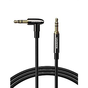UGREEN 3.5mm Audio Cable Hi-Fi Sound Stereo Nylon Braided Male to Male Aux Cord 90 Degree Aux Cable Gold Plated Compatible with iPod iPad Tablets Headphone Speakers Home Car Stereos, 3FT