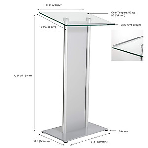 M&T Displays Tempered Clear Glass Conference Podium Stand with Aluminum Front Panel Silver Aluminum Body and Base 43.9 Inch Height Floor Standing Lectern Pulpit Desk for Classroom Church