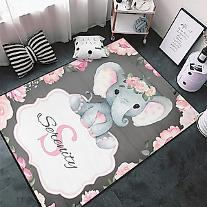 XOZOTY Custom Name Watercolor Elephant Pink Flower Area Rug Living Room Pad Nursery Kids Play Mat Entrance Exit Doormats 4'x5.2'