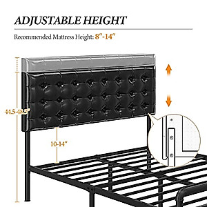 Yaheetech Queen Size Bed Frame, Metal Platform Bed with Faux Leather Height-Adjustable Headboard/12 Inch Underbed Storage/Noise Free/No Box Spring Needed/Industrial Pipe Foot End, Elegant Black