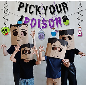 JKQ Glittery Pick Your Poison Banner and Halloween Hanging Swirls Decorations Halloween Haunted Mansion Banner Halloween Witches Party Decorations Supplies for Home Mantle