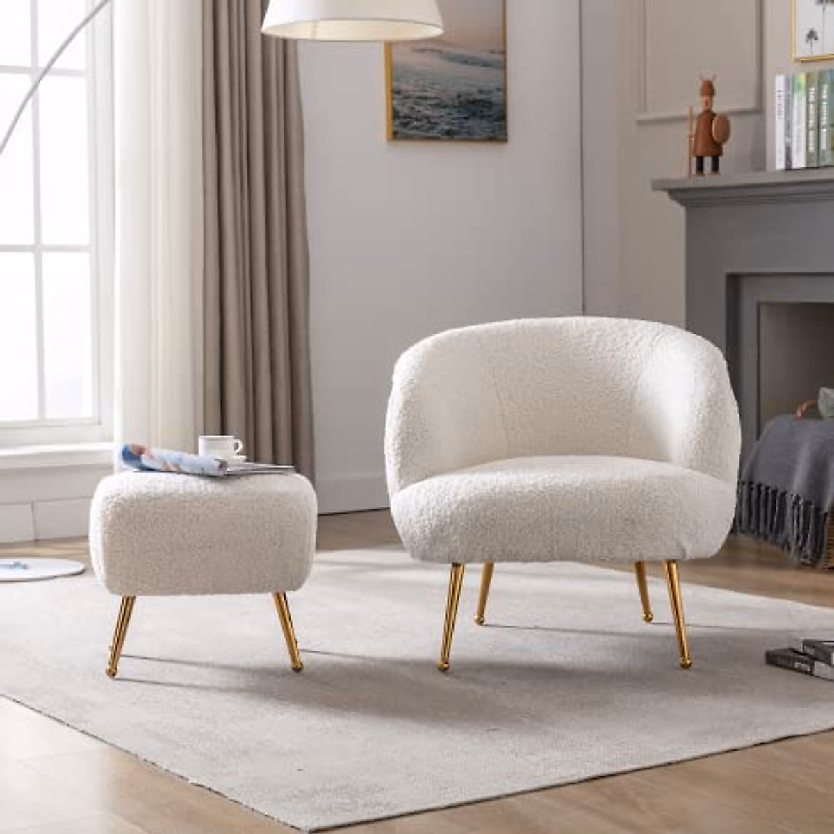 LukeAlon Sherpa Accent Chair with Ottoman Set, Upholstered Round Back Living Room Chair with Footrest Comfy Sofa Chair with Golden Metal Legs Elegant Barrel Chair for Reading Room, White