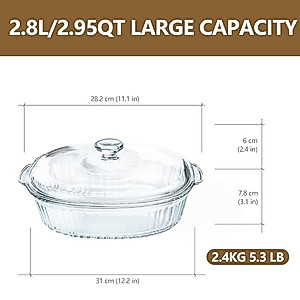 Luvan 2.8L/3Qt Glass Casserole Dish with Lid, Ribbed Oval Glass Baking Dish for Oven & Microwave, Clear Lead-Free Covered Casserole Cookware, Versatile Deep Glass Food Container for Baking, Cooking