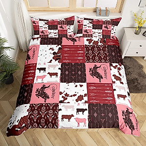 Feelyou Wild West Cowboy Duvet Cover Twin Size Western Decor Bedding Set Ultra Soft Farmhouse Horse Cow Comforter Cover Set Rodeo Cowboy Red Bedspread Cover Room Decor Bedclothes Zipper,No Comforter