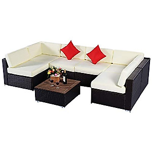 Tangkula 7 pcs Wicker Furniture Set Rattan Wicker Sofas Garden Lawn Patio Sectional Furniture Set Conversation Set with Weather Resistant Coffee Table and Cushioned Seat (Beige Cushion in Glass)