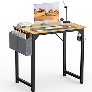 SMUG Computer Desk 32 Inch Home Office Writing Wood Storage Bag & Headphone Hook Small Spaces Simple Bedroom Work Study Kids Table, Natural