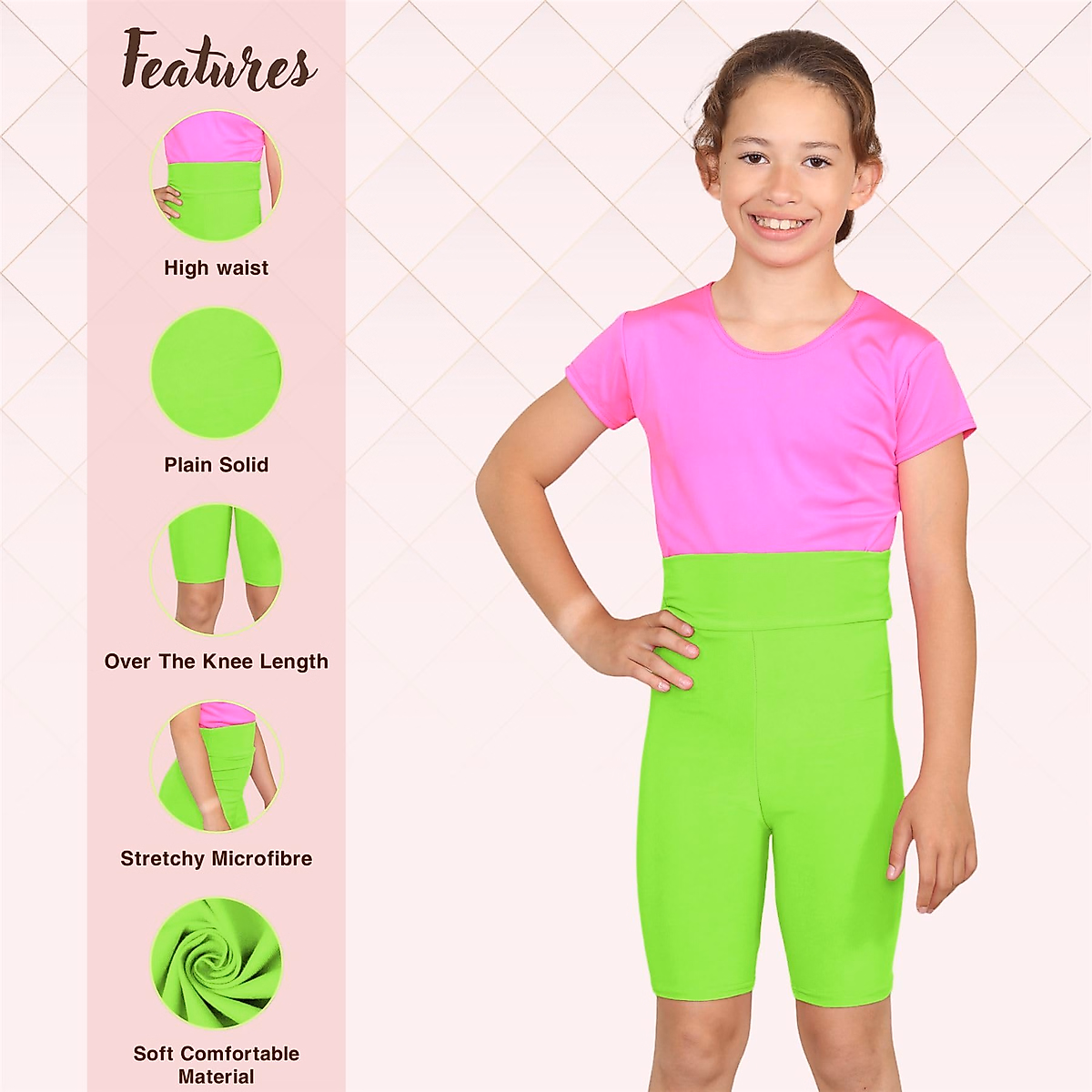 Janisramone Girls High Waisted Cycling Shorts Kids Plain Microfiber Gymnastics Dance Shorts Neon Green