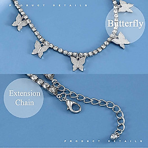 JONKY Rhinestone Choker Necklace Butterfly Pendant Necklaces Chain Sparkly Tennis Necklace Fashion Party Jewelry for Women and Girls (Silver)