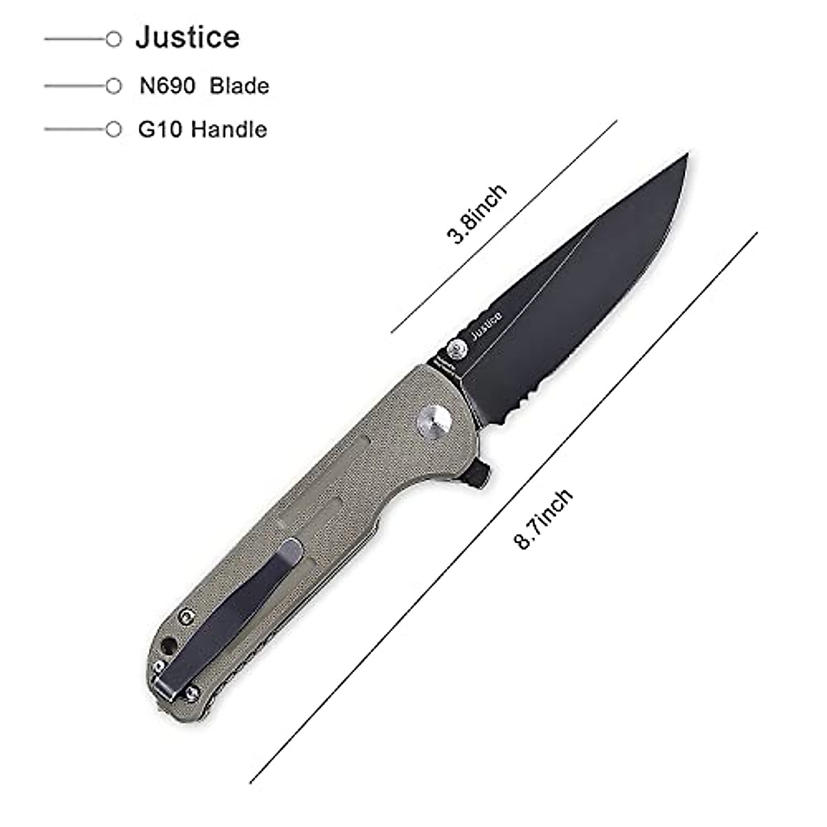 Kizer Justice, EDC Folding Knife Black N690 Blade and Desert G10 Handle with Clip pocket knives for men -V4543N2