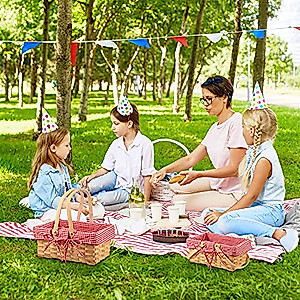 2 Pieces Different Sizes Picnic Baskets Natural Woven Basket with Double Folding Handles, Woodchip Basket Easter Basket for Easter Egg Candy Halloween Children's Toy Storage (Red and White)