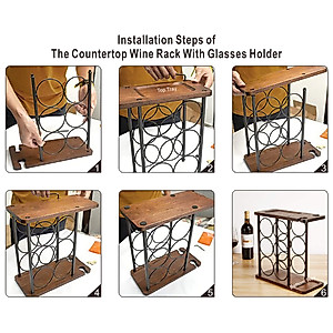 ALLCENER Wine Rack with Glass Holder, Countertop Wine Rack, Wooden Wine Holder with Tray, Perfect for Home Decor & Kitchen Storage Rack etc (Hold 6 Bottles and 2 Glasses )