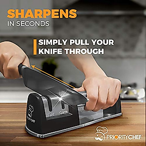 PriorityChef Knife Sharpener for Straight and Serrated Knives, 2-Stage Diamond Coated Wheel System, Sharpens Dull Knives Quickly, Safe and Easy to Use