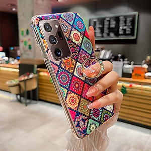 Case for Samsung Galaxy Note 20 Ultra (6.9-inch) Girls Women Cute Floral Slim Shockproof Protection Cover with Gold Ring Stand Mandala Ethnic Style Phone Case
