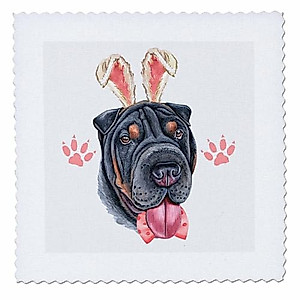 3dRose Sweet Black Shar Pei Easter Dog in Bunny Ears and Pink Bow - Quilt Squares (qs-378974-2)